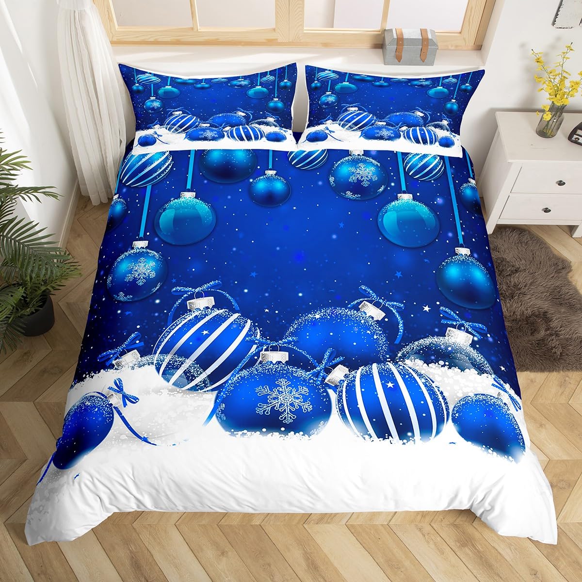 Christmas Bedding Set,Blue Christmas Snowflake Duvet Cover for Kids Teens Boys Girls,Xmas Theme Comforter Cover Decorative Room,Winter Snowflake Quilt Cover with 2 Pillowcases,King Size