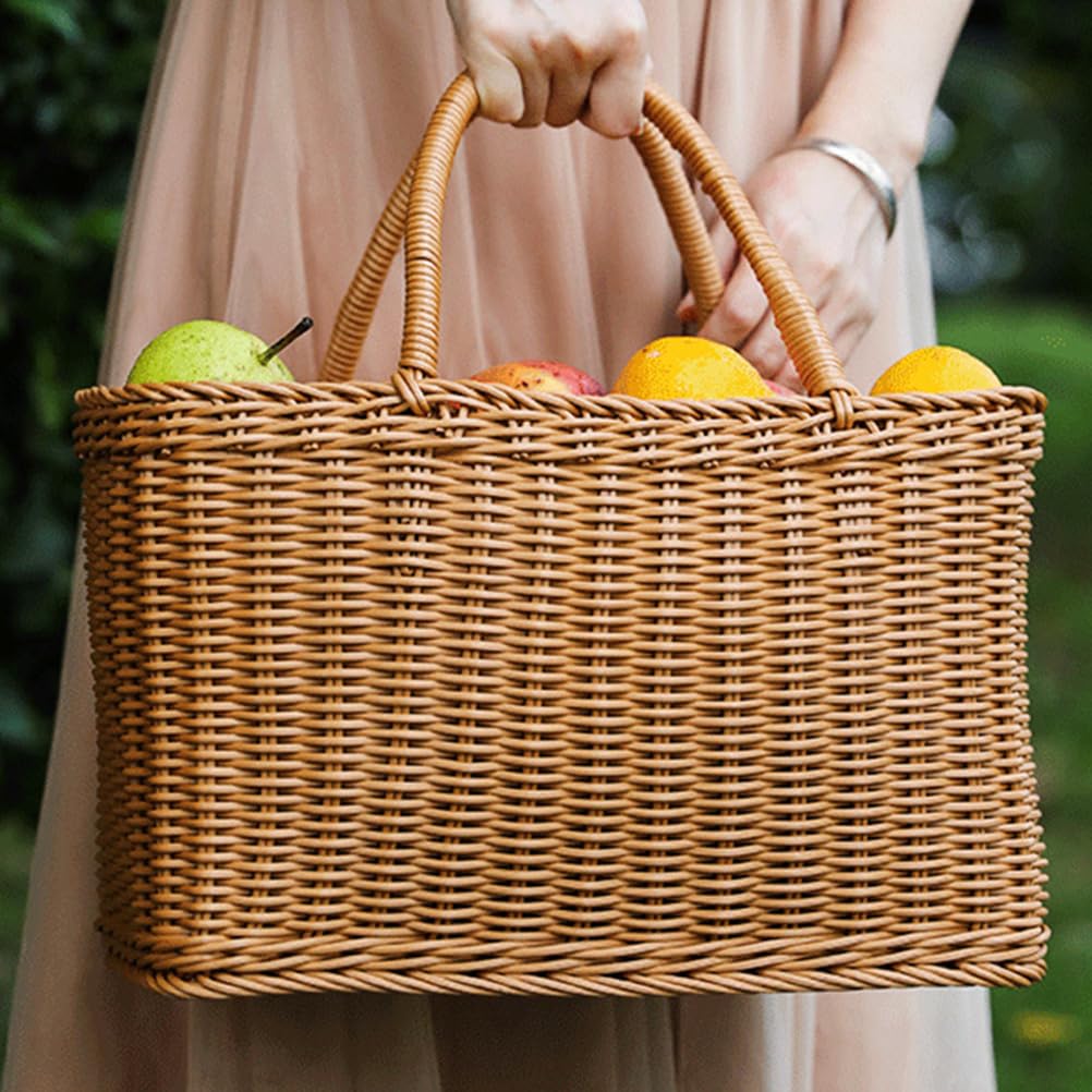 Cabilock 1pc Woven Basket Storage Bins with Lids Round Laundry Basket Tote with Wheels Wicker Baskets for Storage Woven Magazine Basket Tote Bags Boy Summer Convenience Bag Plastic Shopping