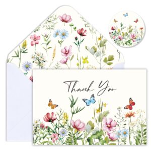 whaline 20 pack wildflower thank you cards bulk flower butterfly greeting cards with envelopes and stickers spring floral blank note cards for birthday wedding baby shower bridal shower, 4 x 6 inch