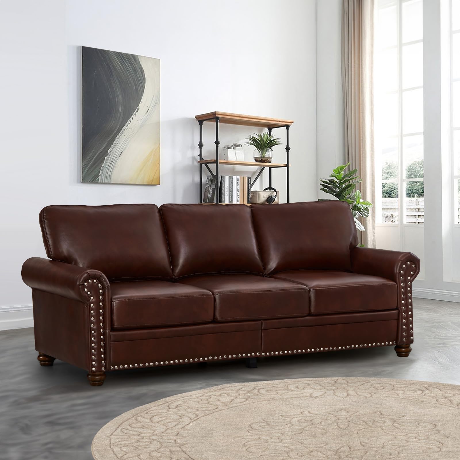 2 Piece Faux Leather Sofa Set,Modern Couch and Loveseat Sets with Storage,Mid Century Couch with Rivet Rolled Arm,Comfy Deep Seat Couch,Furniture for Living Room,Office(Loveseat+3 Seater,Burgundy)