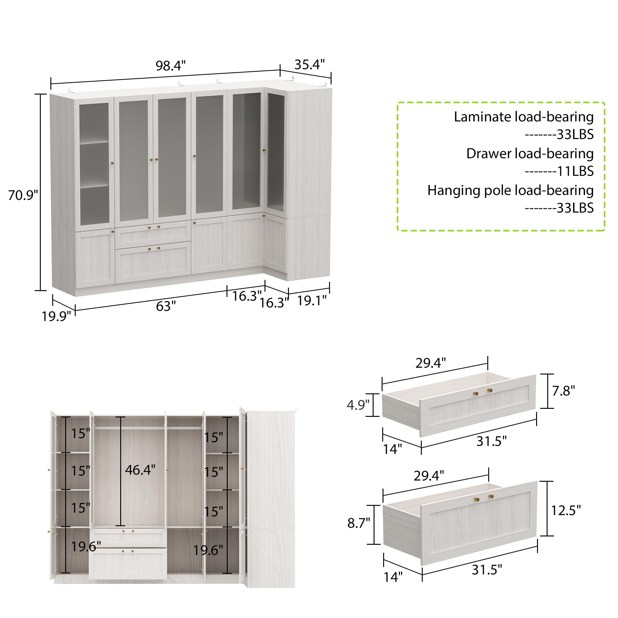 Homsee Extra Large L-Shape Armoire Wardrobe Closet with 6 Frosted Glass Doors, Hanging Bars, Shelves & Drawers, 98.4" L Wooden Closet Storage Cabinet for Bedroom, Warm Grey