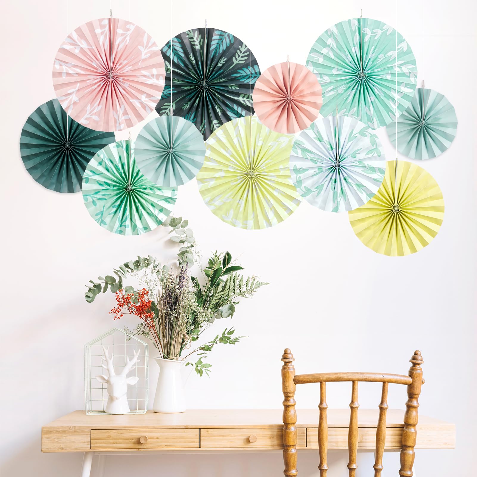 SUNBEAUTY 11 Pcs Sage Green Paper Fans Decoration Ceiling Decor Leaves Paper Fans Decoration Boho Classroom Decor Hanging Paper Fans Decor for Wedding Bridal Birthday Baby Shower