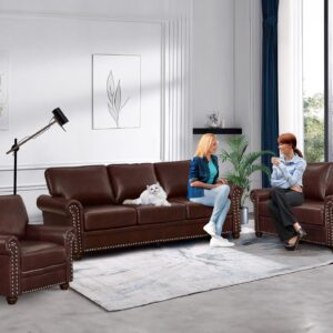 3 Piece Faux Leather Sofa Set,Mid Century Modern Couch and Loveseat Sets with Storage,Comfy Deep Seat Sofa with Nailhead Trim & Rolled Arm for Living Room,Office(Armchair+Loveseat+3 Seater,Burgundy)