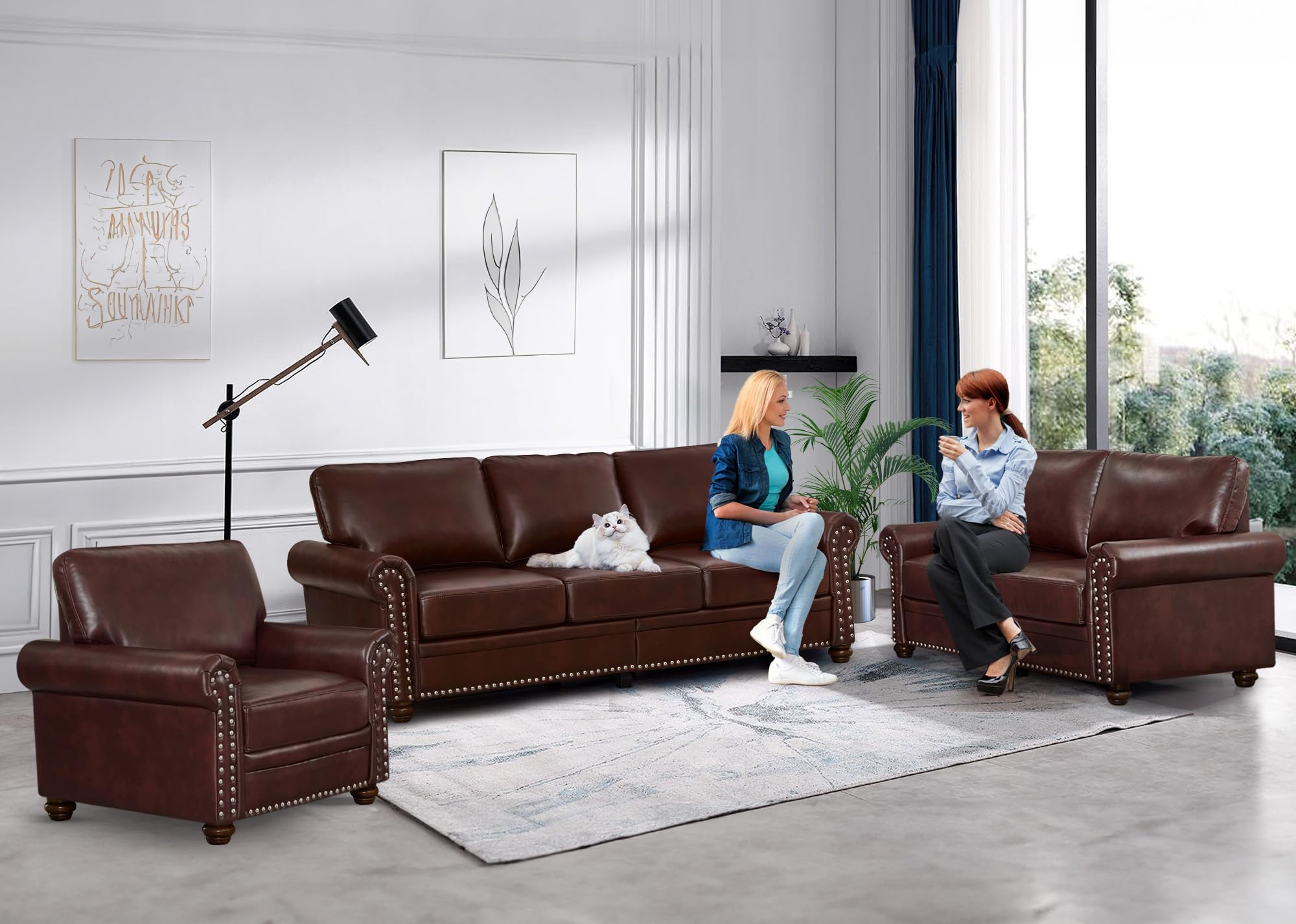 3 Piece Faux Leather Sofa Set,Mid Century Modern Couch and Loveseat Sets with Storage,Comfy Deep Seat Sofa with Nailhead Trim & Rolled Arm for Living Room,Office(Armchair+Loveseat+3 Seater,Burgundy)