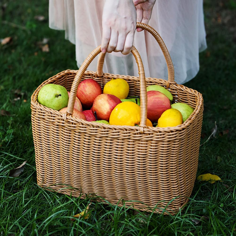 Cabilock 1pc Woven Basket Storage Bins with Lids Round Laundry Basket Tote with Wheels Wicker Baskets for Storage Woven Magazine Basket Tote Bags Boy Summer Convenience Bag Plastic Shopping