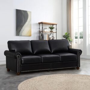 jeeohey faux leather sofa couch,82" mid century modern couch with storage place,oversized 3 seater sofa with nailhead trim&rolled arm,deep seat comfy couch for living room,apartment,office(black)