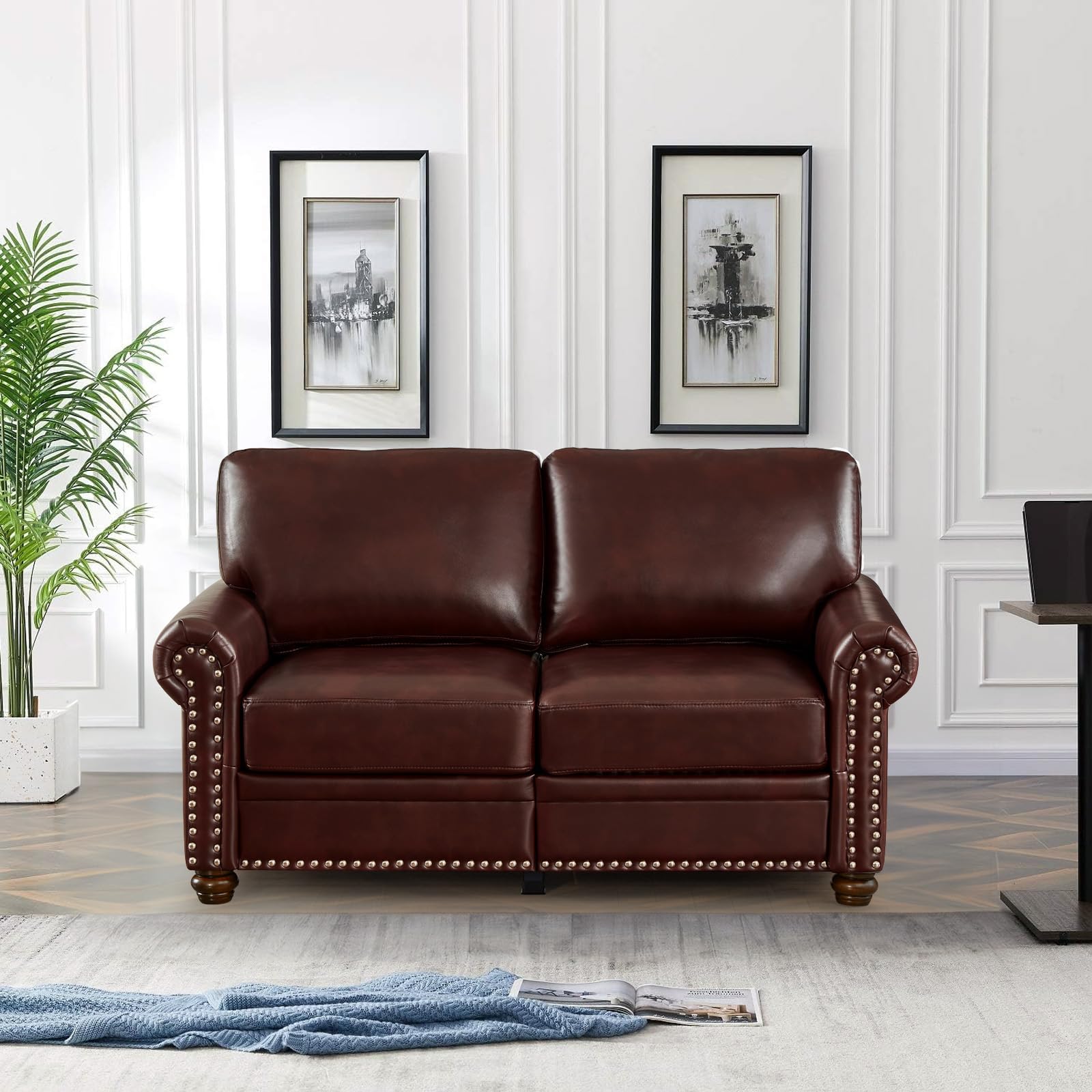 2 Piece Faux Leather Sofa Set,Modern Couch and Loveseat Sets with Storage,Mid Century Couch with Rivet Rolled Arm,Comfy Deep Seat Couch,Furniture for Living Room,Office(Loveseat+3 Seater,Burgundy)