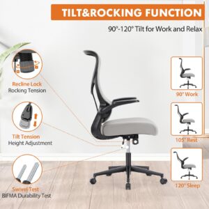 Sweetcrispy Ergonomic Office Desk Computer Chair, Comfy High Back Swivel Rolling Home Mesh Gaming Chairs with Wheels, Lumbar Support, Flip-up Arms,120°tilt for Bedroom, Study, Work, Grey