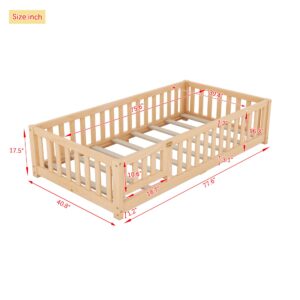 Harper & Bright Designs Twin Size Floor Bed Frame, Wooden Twin Montessori Floor Bed with Rails, Door and Support Slats, Kids Twin Size Bed Frame for Boys & Girls, Natural