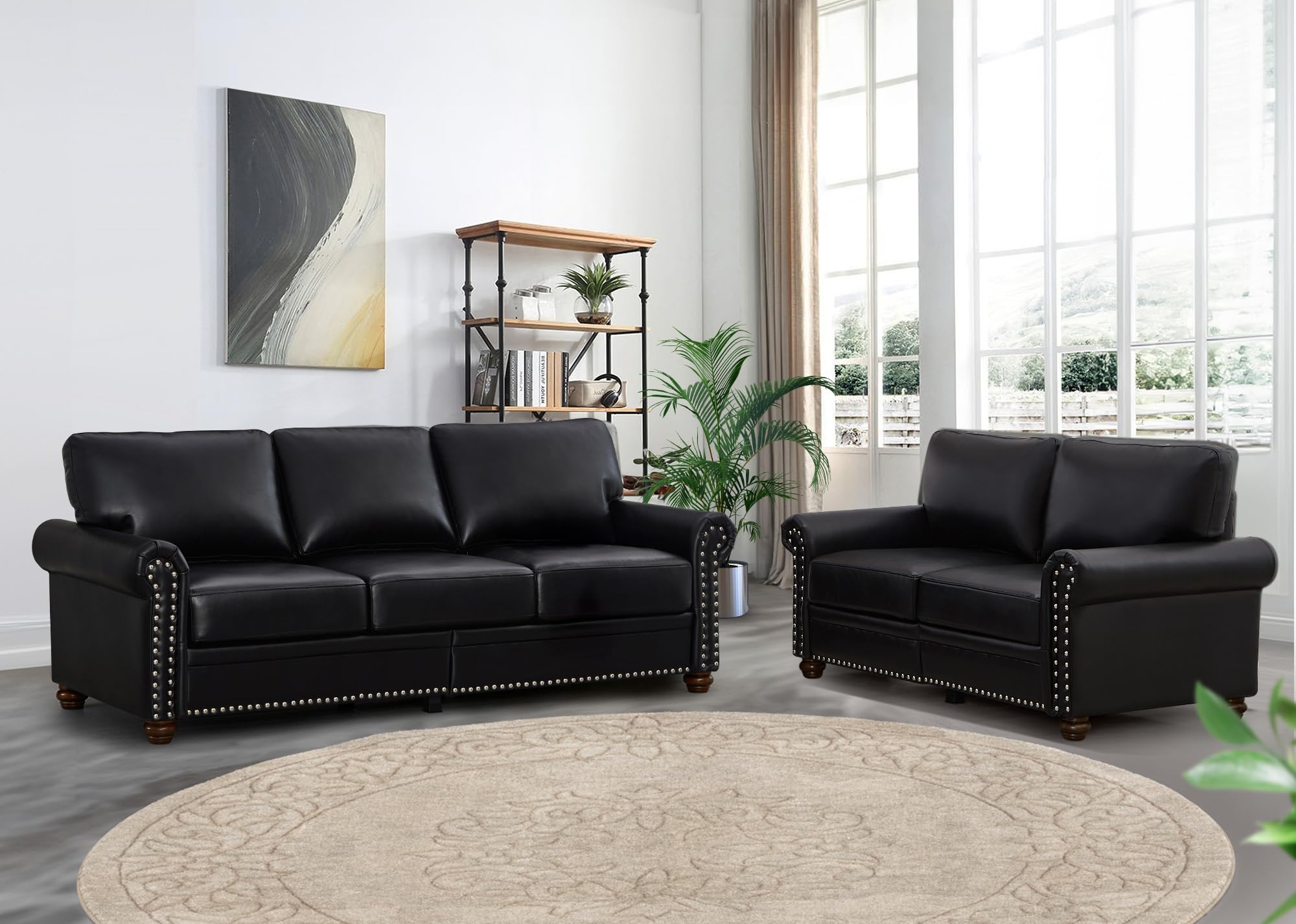 JEEOHEY Faux Leather Sofa Couch,82" Mid Century Modern Couch with Storage Place,Oversized 3 Seater Sofa with Nailhead Trim&Rolled Arm,Deep Seat Comfy Couch for Living Room,Apartment,Office(Black)