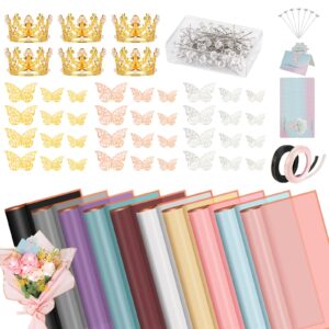 hossmily 209 pcs flower bouquet wrapping paper waterproof floral wrapping paper florist supplies with butterfly decoration crowns ribbons bouquet pin glue for diy craft (10 colors)