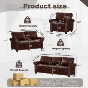 3 Piece Faux Leather Sofa Set,Mid Century Modern Couch and Loveseat Sets with Storage,Comfy Deep Seat Sofa with Nailhead Trim & Rolled Arm for Living Room,Office(Armchair+Loveseat+3 Seater,Burgundy)