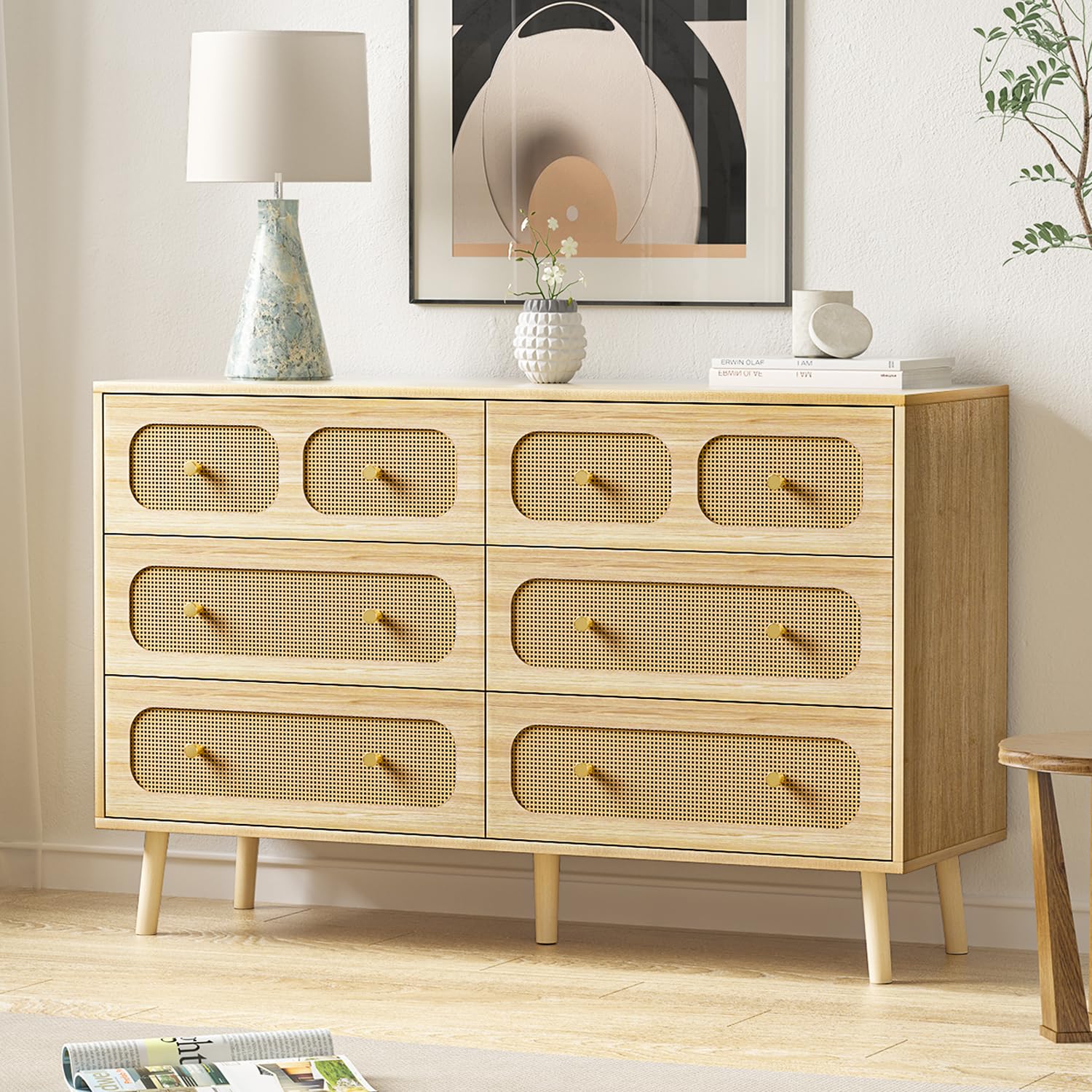 HOUROM Rattan Dresser for Bedroom, Modern 6 Drawer Double Dresser with Gold Handles, Natural Wood Storage Dressers & Chests of Drawers, 6 Drawer Dressers