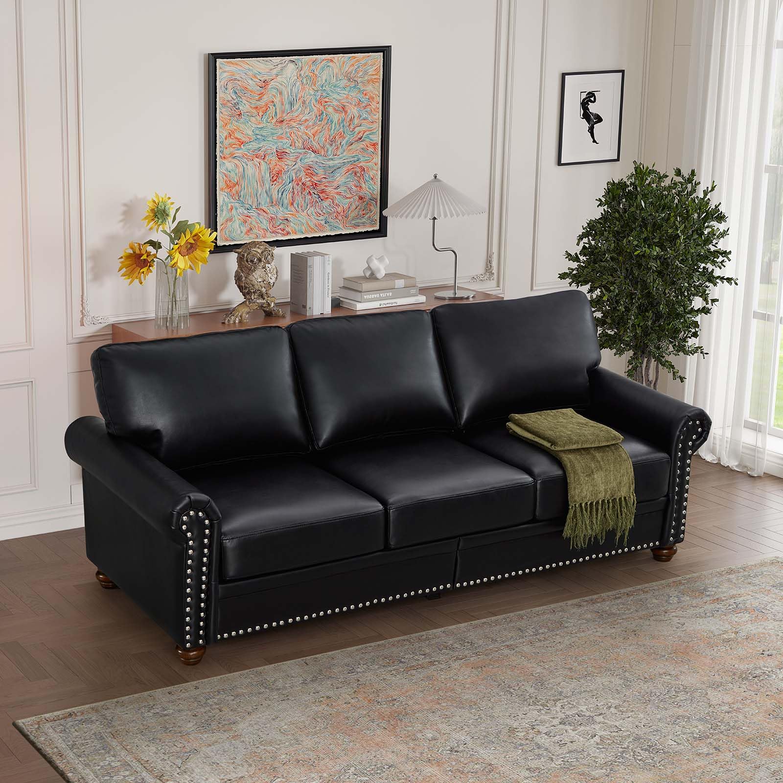 JEEOHEY Faux Leather Sofa Couch,82" Mid Century Modern Couch with Storage Place,Oversized 3 Seater Sofa with Nailhead Trim&Rolled Arm,Deep Seat Comfy Couch for Living Room,Apartment,Office(Black)