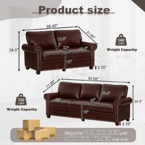 2 Piece Faux Leather Sofa Set,Modern Couch and Loveseat Sets with Storage,Mid Century Couch with Rivet Rolled Arm,Comfy Deep Seat Couch,Furniture for Living Room,Office(Loveseat+3 Seater,Burgundy)