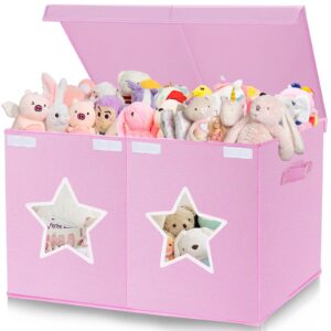 xmasorme large toy box chest,collapsible sturdy storage bins with lids,large kids toy storage organizer boxes baskets for kids,boys,girls,toddler,nursery room,playroom(pink star)