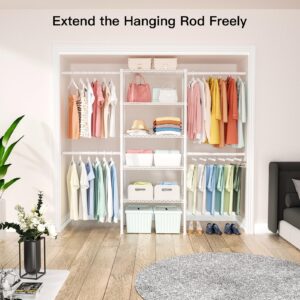 Ulif M2 Closet Organizer System, 5.9 Feet Height Mounted to the Wall Garment Rack with 4 Expandable Hanger Rods, 5 Shelves in 23.6" L x 14.5" W, Suit Total Space from 5.8-8.8 ft, White