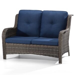 joyside outdoor patio wicker loveseat sofa - 2-seater rattan sofa for outside patio garden with deep seating and olefin cushions(mixed grey/blue)