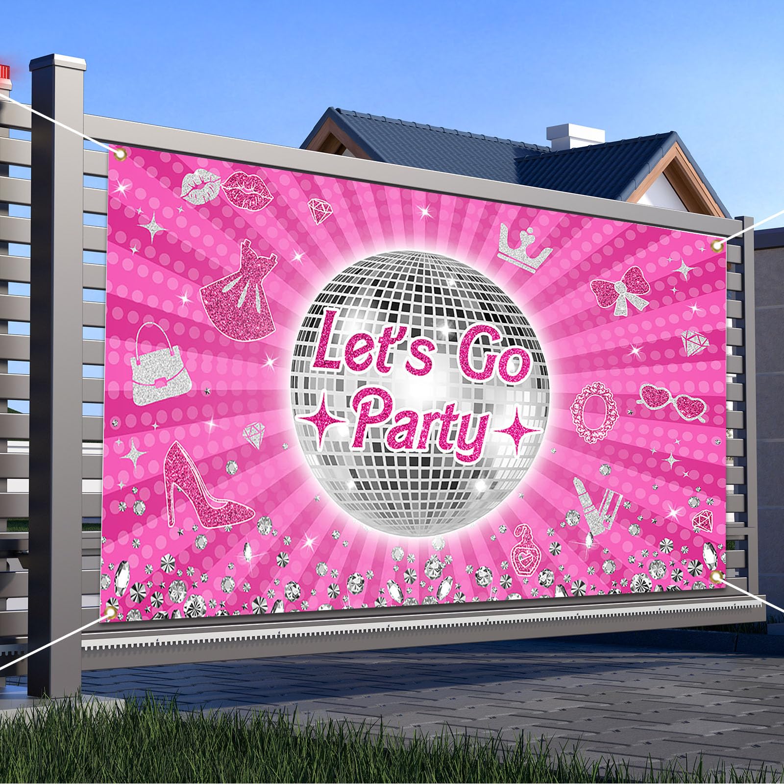 Avezano Let's Go Party Banner Princess Theme Birthday Backdrop Hot Pink Bridal Shower Bachelorette Background for Girls Women Disco Birthday Party Supplies Banner 70.8x43.3