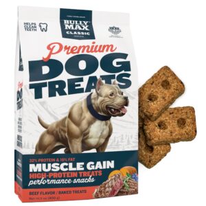 bully max premium high protein dog treats for puppy & adult dogs - training dog food treats with 32% protein, real meat, veggies & bcaas for small, medium & large breeds, beef flavor, 400g bag