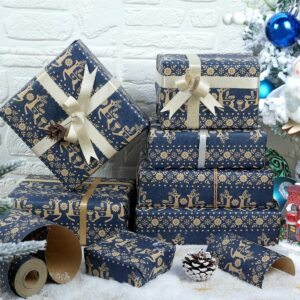 Christmas Wrapping Paper Roll, Navy Blue Kraft Wrapping Paper, 17 Inch x 49 Feet, Snowflake, Xmas Floral and Reindeer Design Gift Wrapping Paper for Xmas New Year Winter Holiday (69.4 sq.ft.ttl)