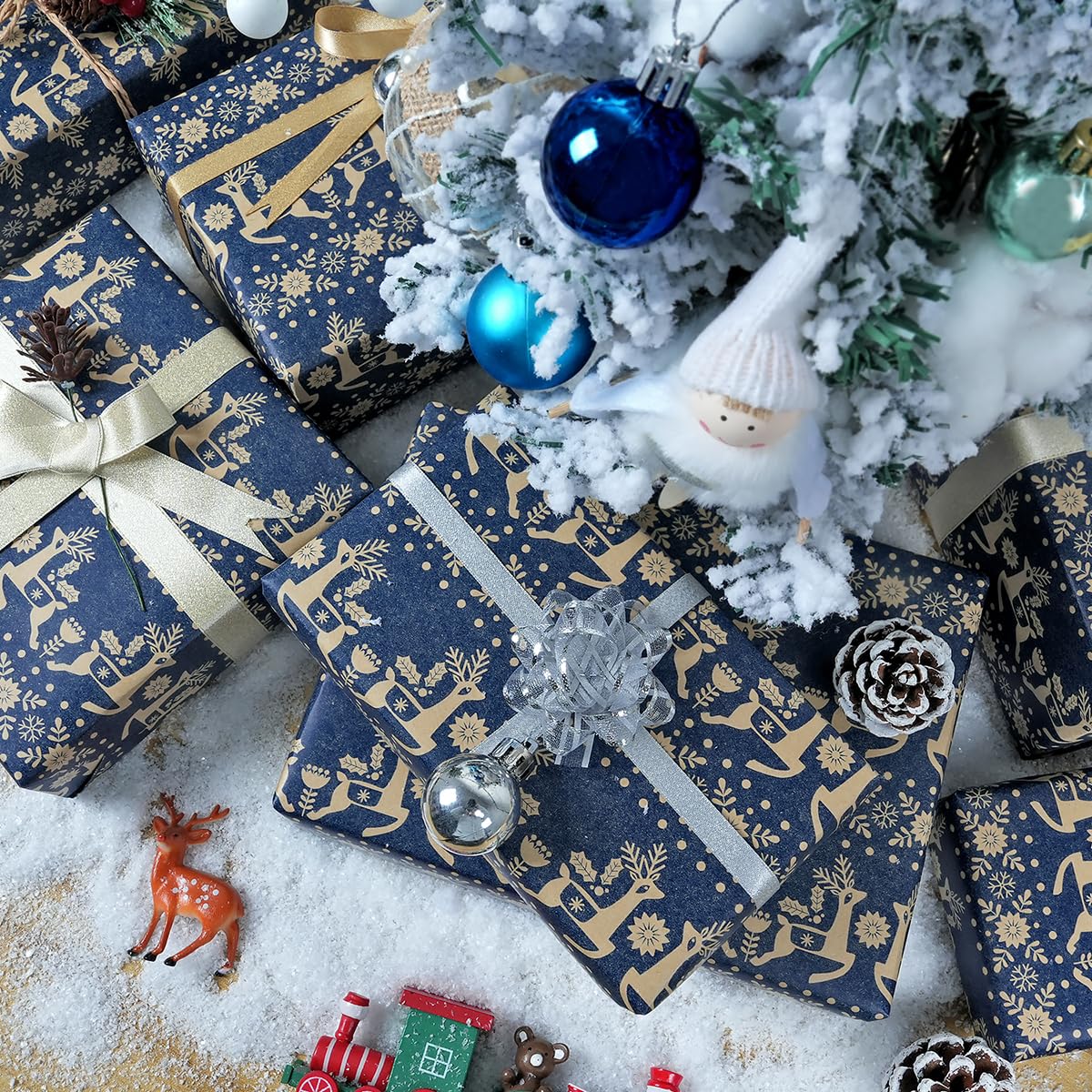 Christmas Wrapping Paper Roll, Navy Blue Kraft Wrapping Paper, 17 Inch x 49 Feet, Snowflake, Xmas Floral and Reindeer Design Gift Wrapping Paper for Xmas New Year Winter Holiday (69.4 sq.ft.ttl)