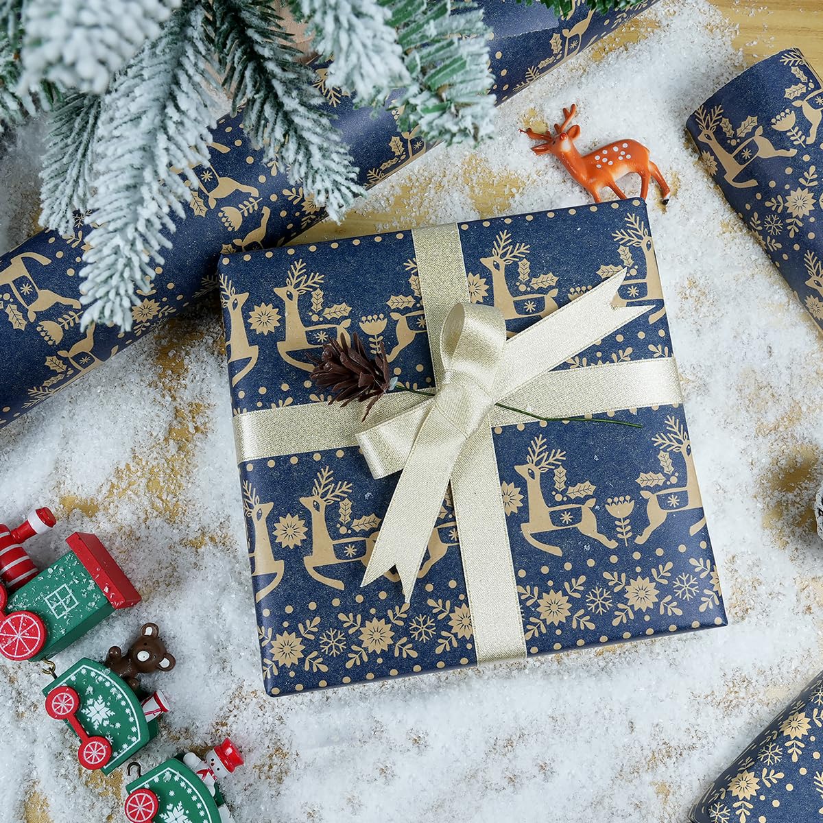 Christmas Wrapping Paper Roll, Navy Blue Kraft Wrapping Paper, 17 Inch x 49 Feet, Snowflake, Xmas Floral and Reindeer Design Gift Wrapping Paper for Xmas New Year Winter Holiday (69.4 sq.ft.ttl)