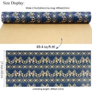 Christmas Wrapping Paper Roll, Navy Blue Kraft Wrapping Paper, 17 Inch x 49 Feet, Snowflake, Xmas Floral and Reindeer Design Gift Wrapping Paper for Xmas New Year Winter Holiday (69.4 sq.ft.ttl)