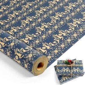 christmas wrapping paper roll, navy blue kraft wrapping paper, 17 inch x 49 feet, snowflake, xmas floral and reindeer design gift wrapping paper for xmas new year winter holiday (69.4 sq.ft.ttl)