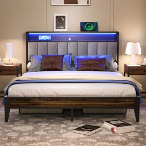 lecevocy queen bed frame, queen size metal platform with storage & led light headboard and 1 type c & 2 usb charging station, no box spring needed|noise free and easy assembly tool