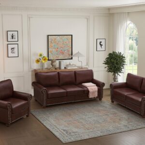 3 Piece Faux Leather Sofa Set,Mid Century Modern Couch and Loveseat Sets with Storage,Comfy Deep Seat Sofa with Nailhead Trim & Rolled Arm for Living Room,Office(Armchair+Loveseat+3 Seater,Burgundy)