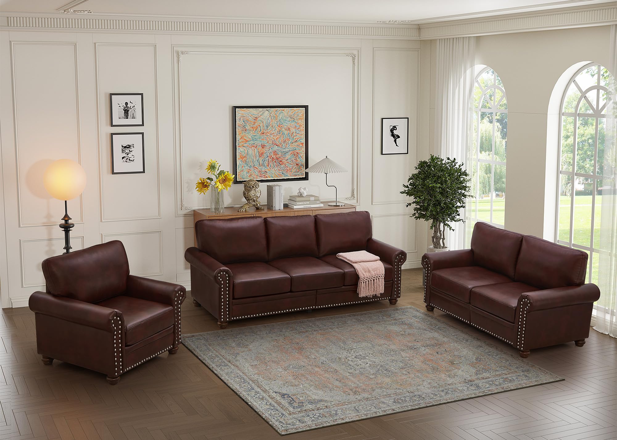 3 Piece Faux Leather Sofa Set,Mid Century Modern Couch and Loveseat Sets with Storage,Comfy Deep Seat Sofa with Nailhead Trim & Rolled Arm for Living Room,Office(Armchair+Loveseat+3 Seater,Burgundy)