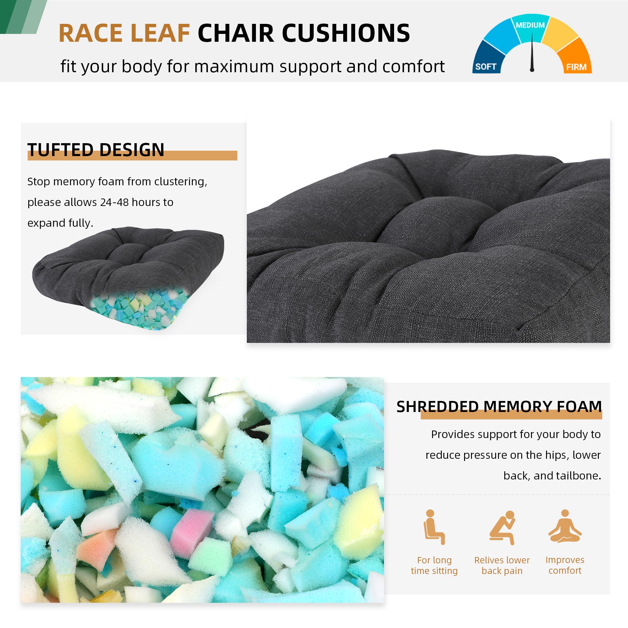 RACE LEAF 17" x 17" Patio Chair Cushions Gray - Outdoor/Indoor Tufted Memory Foam Chair Pads Set of 2, Water-Resistant Olefin Chair Seat Cushion Non-Slip Backing