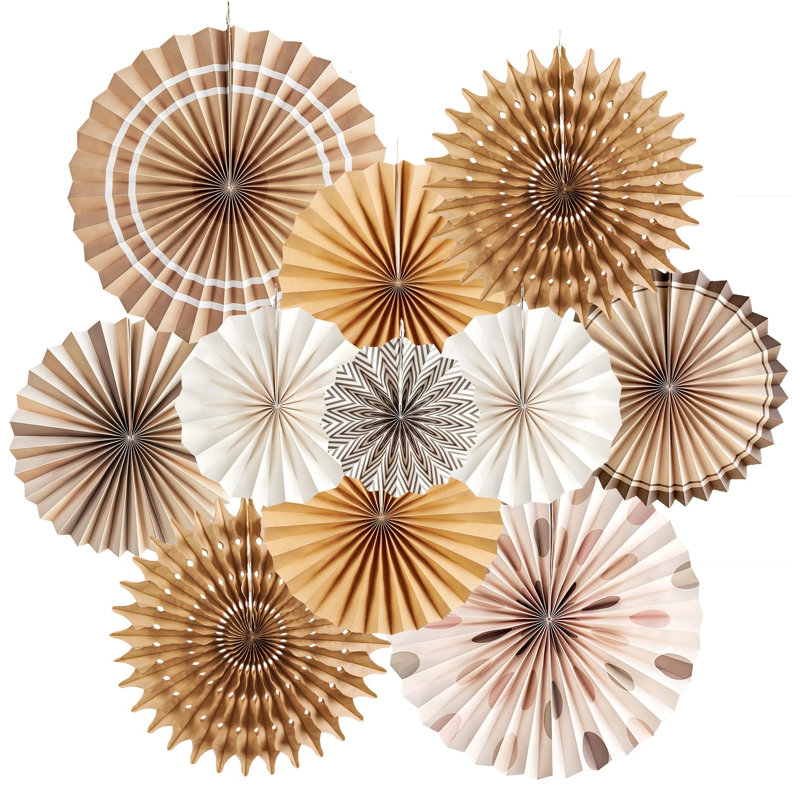 SUNBEAUTY 11 PCS Paper Fans Decorations Brown Party Decorations Natural Party Decorations Rustic Birthday Decorations Boho Party Decorations for Birthday Wedding Bridal Shower Baby Shower