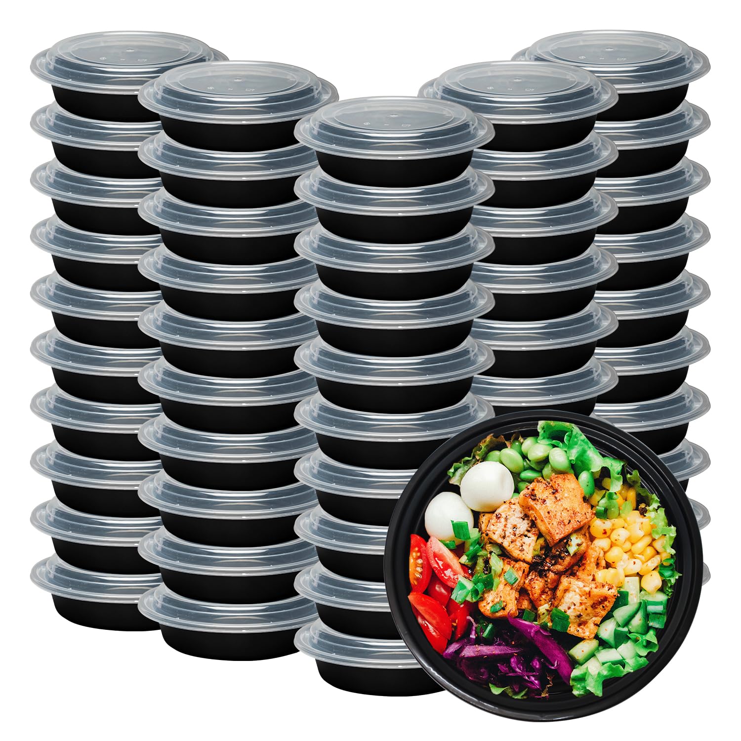 Klex Meal Prep Containers with Airtight Lids, BPA Free, Reusable Plastic Food Container, 12 oz, Round, Black/Clear, 50 Sets