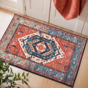 serissa boho rugs for entryway, 2x3 rust entryway rug non-slip washable small area rug, ultra soft oriental vintage low-pile indoor door mat floor carpet for entrance bedroom kitchen bathroom