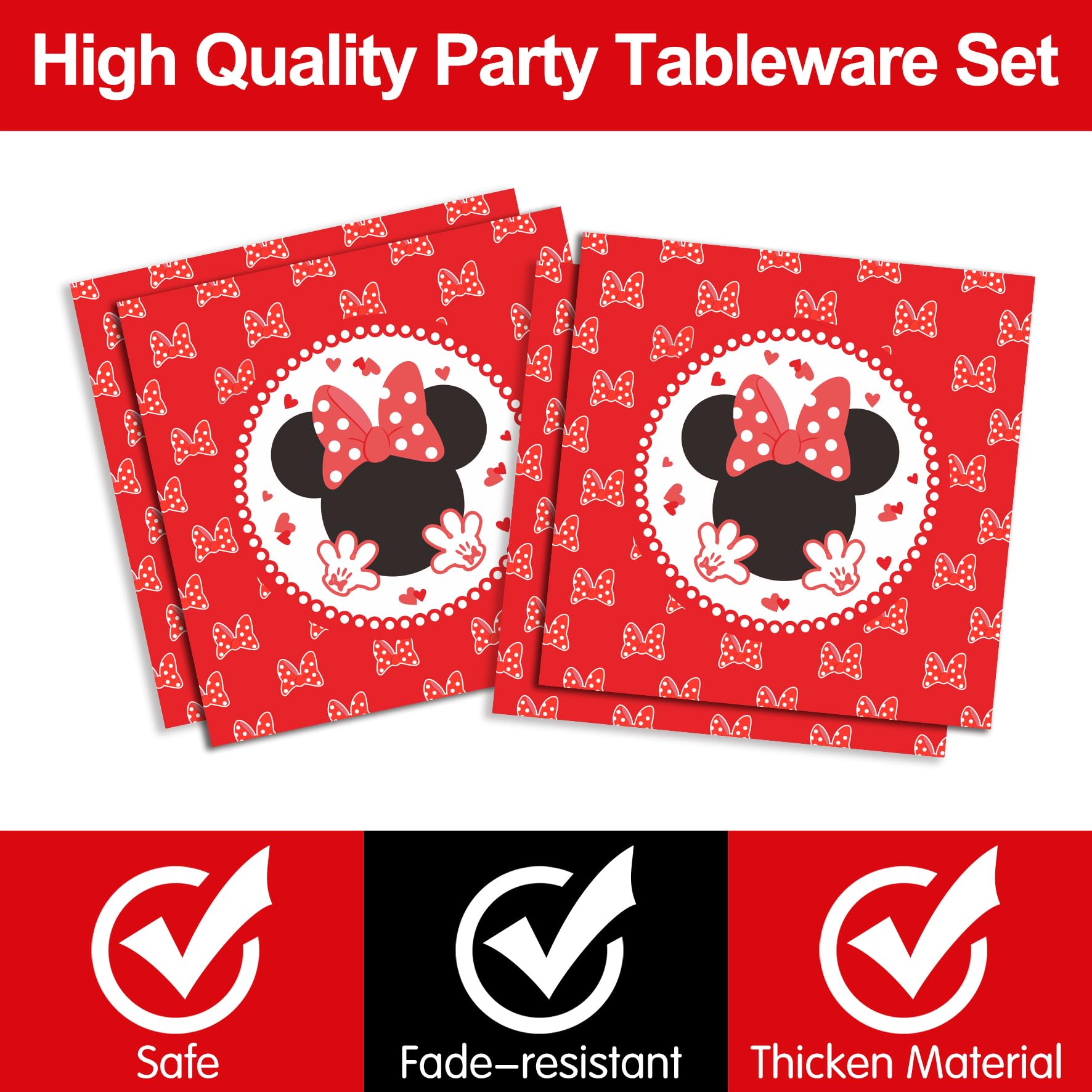 Piooluialy Red Minnie Birthday Party Supplies Tableware - Minnie Themed Party Decorations Include Banner, Dinner Plates, Cups, Napkins, Cutlery, for Minnie Birthday Party Decorations | 24 Guests