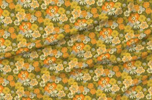 spoonflower fabric - 1970s retro avocado green yellow hippie groovy daisies flower power printed on polartec(r) fleece fabric by the yard - sewing blankets loungewear and no-sew projects