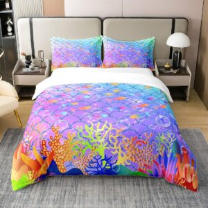 100% nature cotton blue purple gradient duvet cover twin size for teens youth,watercolor fishes seaweed coral comforter cover with zipper closure,dreamy ocean theme all season super soft bedding