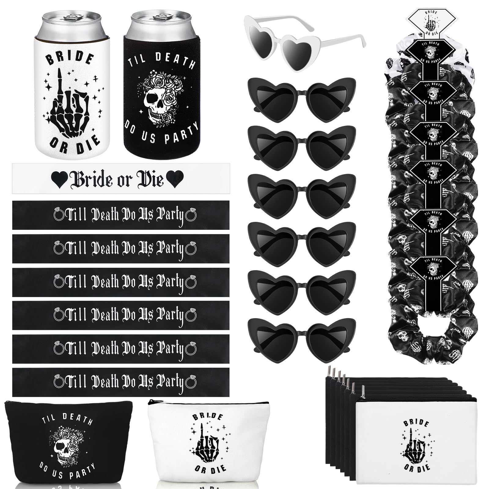 Domensi 35 Pcs Bride or Die Bachelorette Party Decorations Till Death Do Us Party Gifts Including Hair Scrunchies Heart Sunglasses Sash Makeup Bag Beer Can Cooler Sleeves for Wedding Supplies Gift