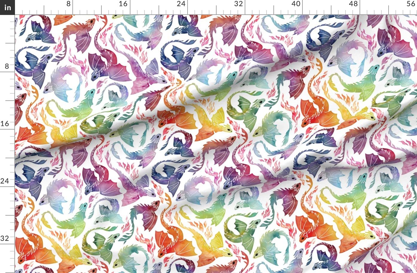 Spoonflower Fabric - Dragon Fire Rainbow Cute Fantasy Watercolor Fairy Tale Flying Printed on Polartec(R) Fleece Fabric Fat Quarter - Sewing Blankets Loungewear and No-Sew Projects