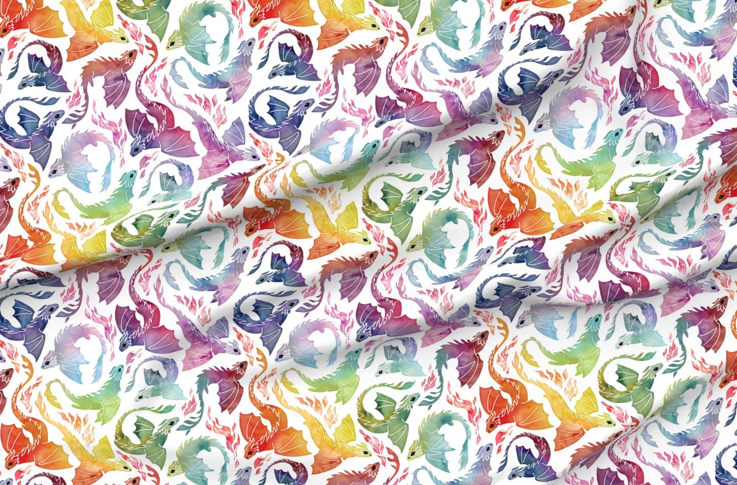 Spoonflower Fabric - Dragon Fire Rainbow Cute Fantasy Watercolor Fairy Tale Flying Printed on Polartec(R) Fleece Fabric Fat Quarter - Sewing Blankets Loungewear and No-Sew Projects