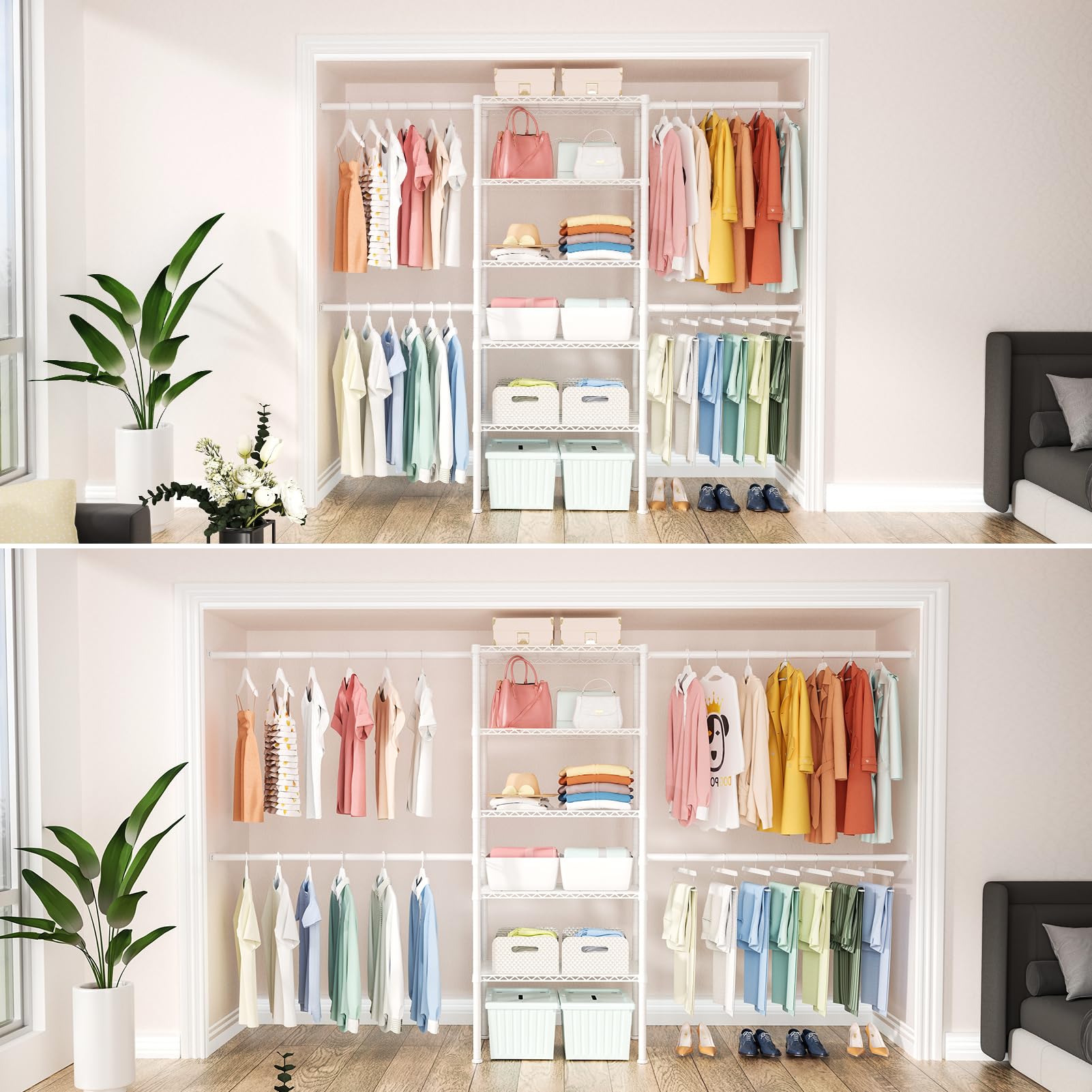 Ulif M2 Closet Organizer System, 5.9 Feet Height Mounted to the Wall Garment Rack with 4 Expandable Hanger Rods, 5 Shelves in 23.6" L x 14.5" W, Suit Total Space from 5.8-8.8 ft, White