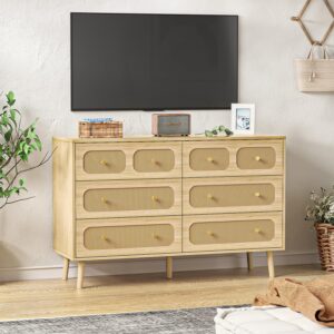 HOUROM Rattan Dresser for Bedroom, Modern 6 Drawer Double Dresser with Gold Handles, Natural Wood Storage Dressers & Chests of Drawers, 6 Drawer Dressers