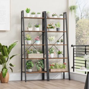 FINETONES 5-Tier Ladder Shelf, Ladder Bookshelf Bookcase with Metal Frame, Plant Rack Display Shelf Accent Furniture for Home Office, Black/Rustic Brown