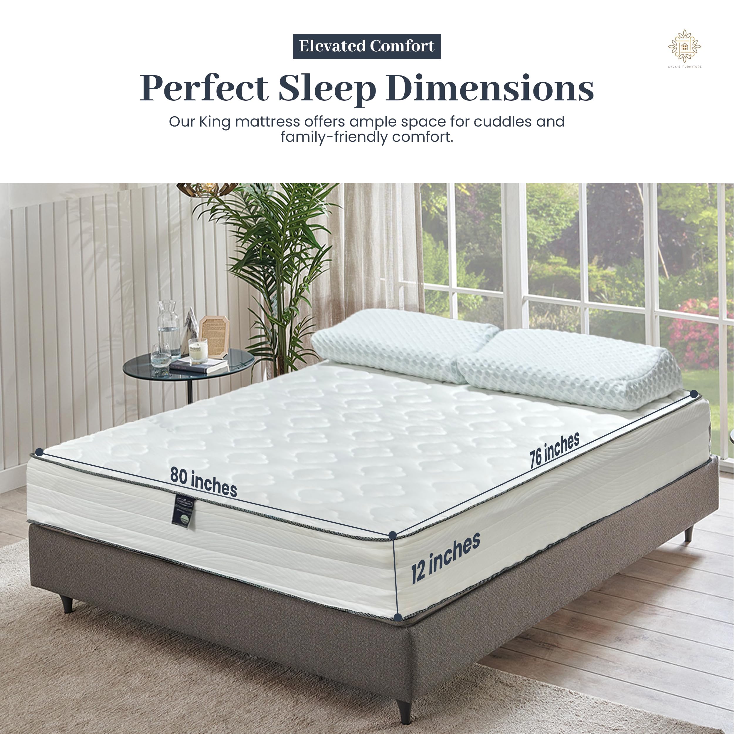 Aylas Furniture King Mattress– 12 Inch Hybrid King Size Mattress with Pocketed Coil Spring with High Density & Comfort Cold Foam - Eco-Friendly, Breathable Mattress King Size Medium Firmn