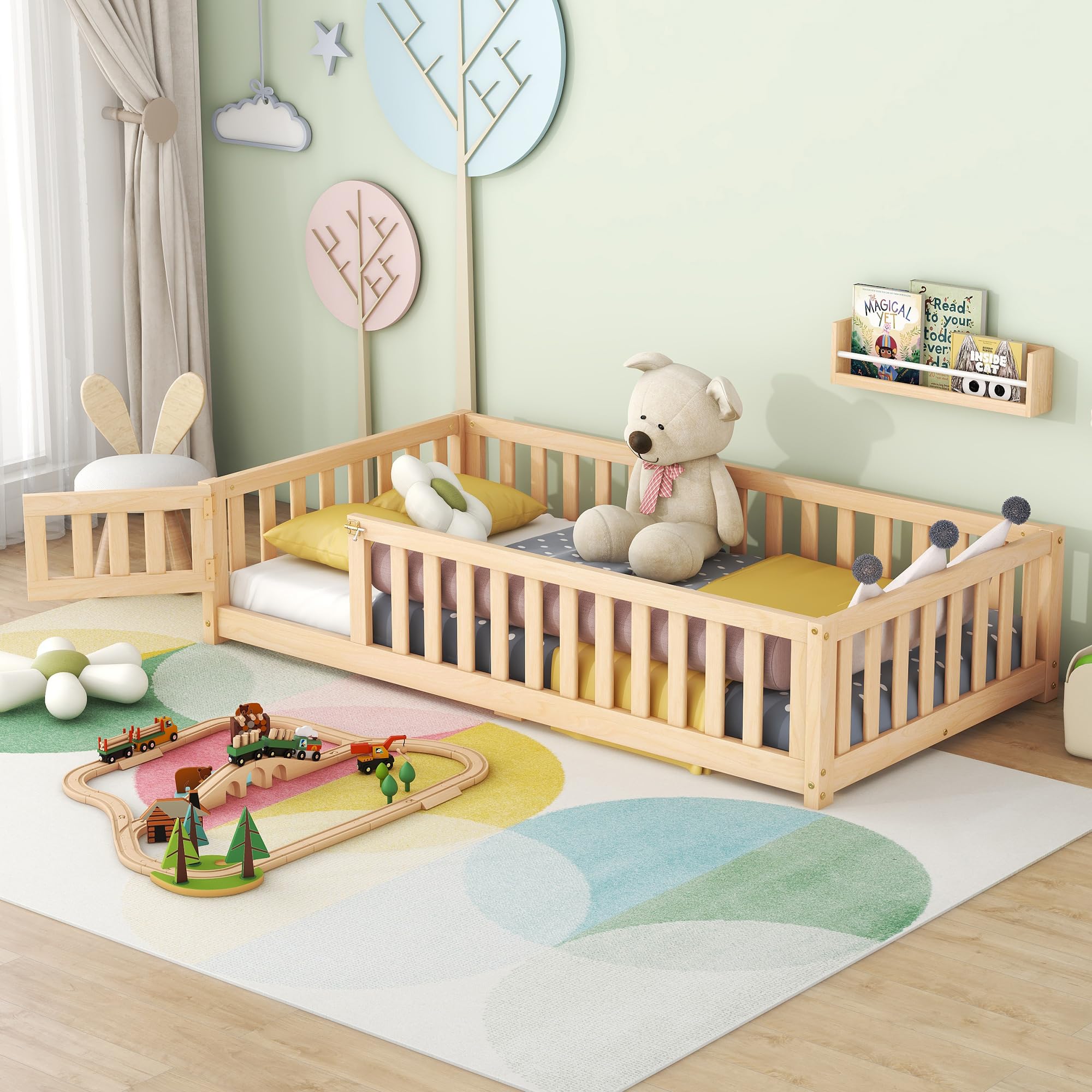 Harper & Bright Designs Twin Size Floor Bed Frame, Wooden Twin Montessori Floor Bed with Rails, Door and Support Slats, Kids Twin Size Bed Frame for Boys & Girls, Natural