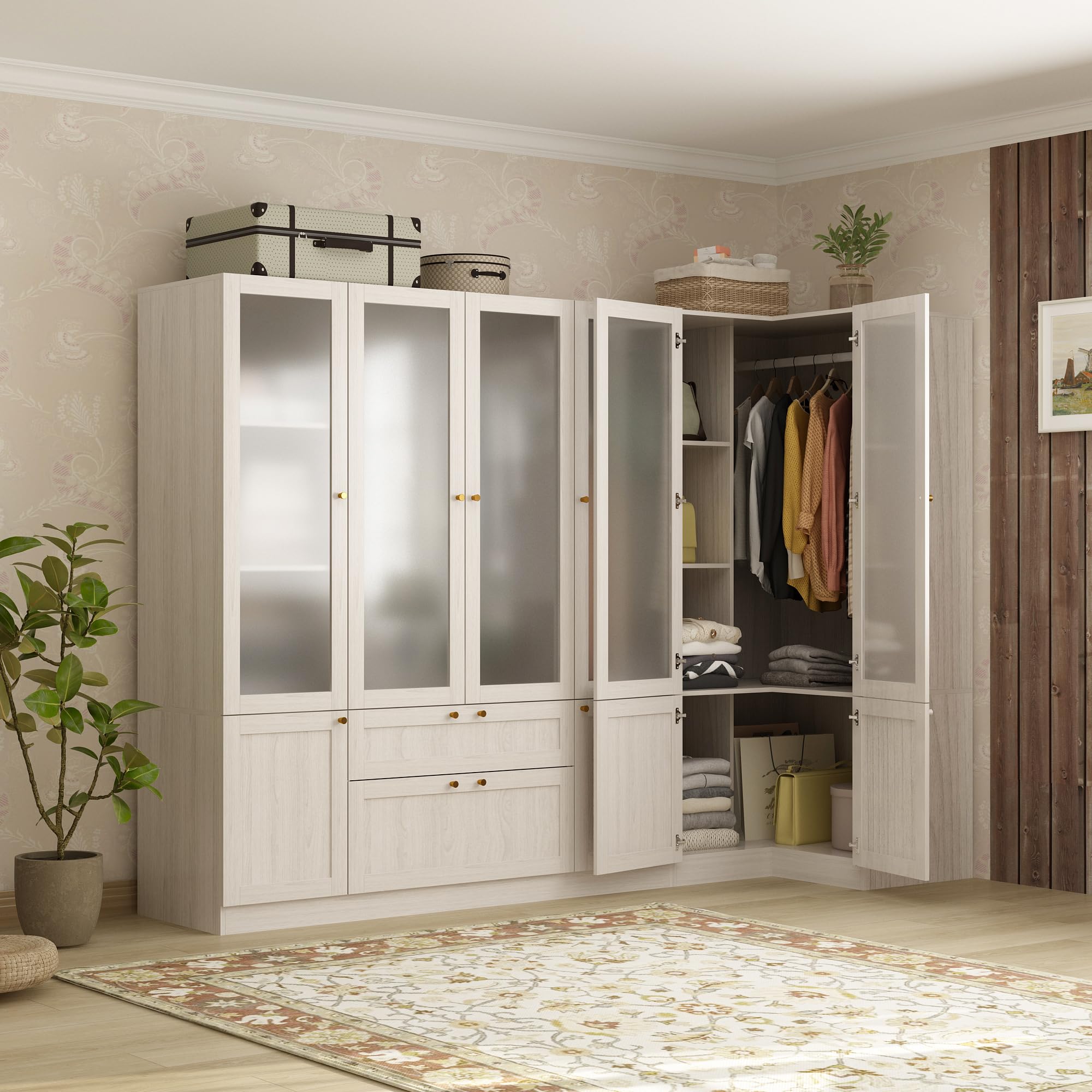 Homsee Extra Large L-Shape Armoire Wardrobe Closet with 6 Frosted Glass Doors, Hanging Bars, Shelves & Drawers, 98.4" L Wooden Closet Storage Cabinet for Bedroom, Warm Grey