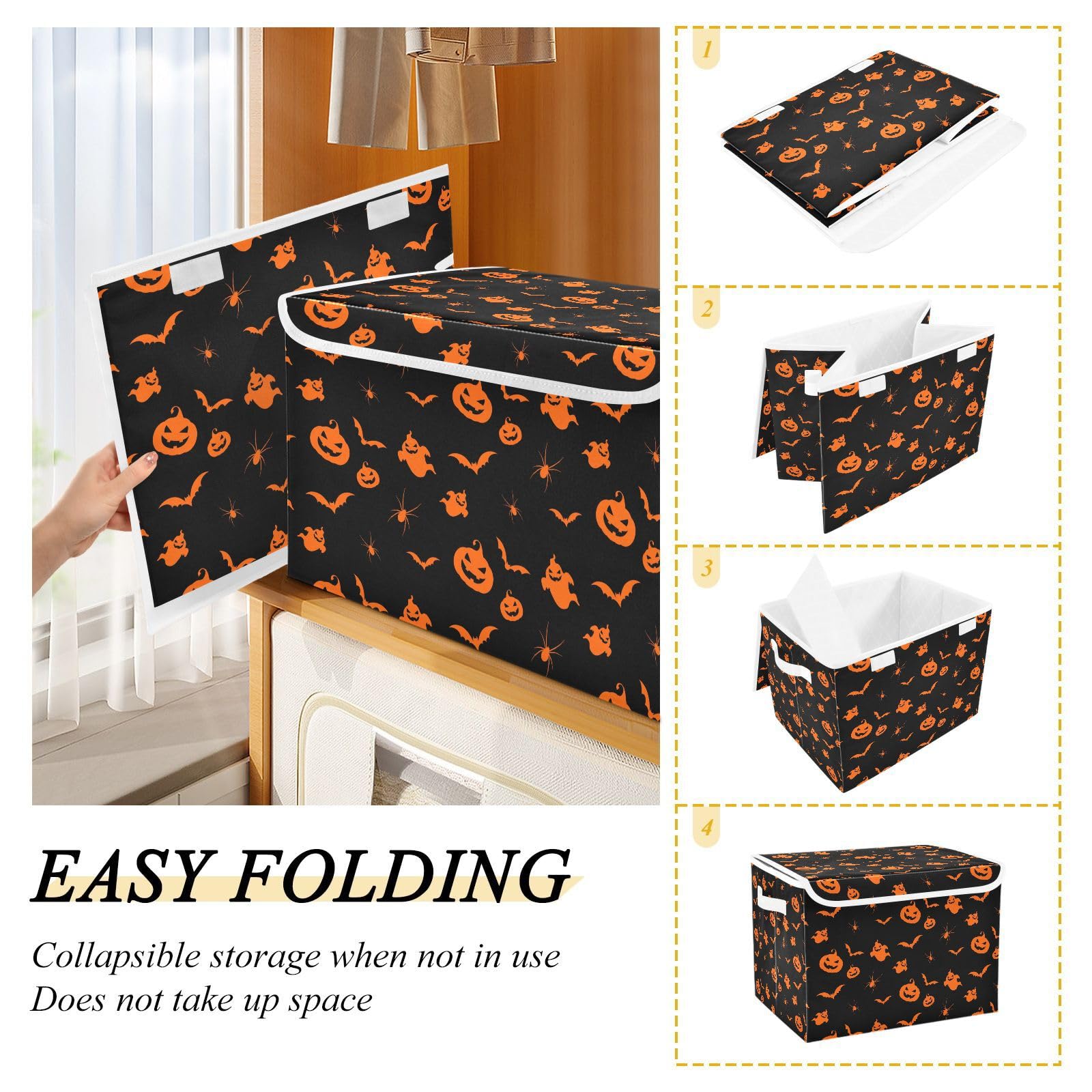 Ruhho Halloweens-pattern-orange-black Fabric Decorative Storage Box Cube with Lids and Handle, Collapsible Storage Boxes for Home Bedroom Closet Office.