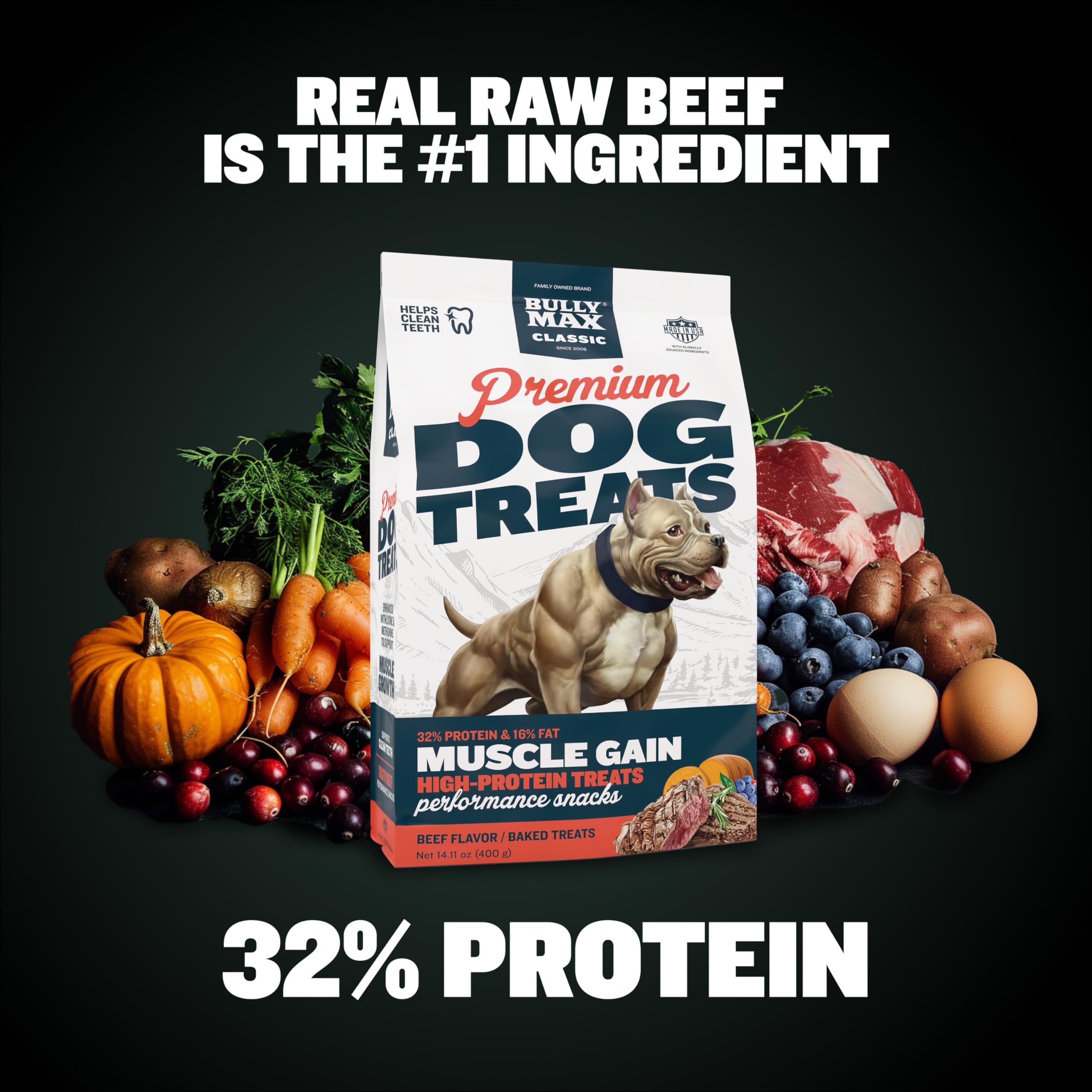 Bully Max Premium High Protein Dog Treats for Puppy & Adult Dogs - Training Dog Food Treats with 32% Protein, Real Meat, Veggies & BCAAs for Small, Medium & Large Breeds, Beef Flavor, 400g Bag